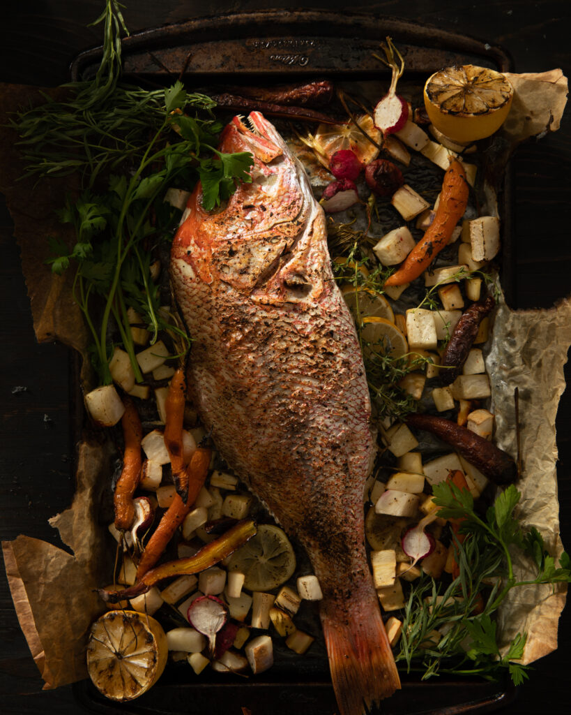 Roasted Snapper with Winter Vegetables and Sungold Buerre Blanc